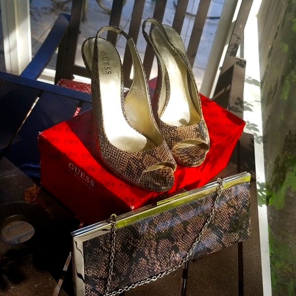 Guess by Marciano | Shoes | Guess By Marciano Snake Heels And Clutch ...